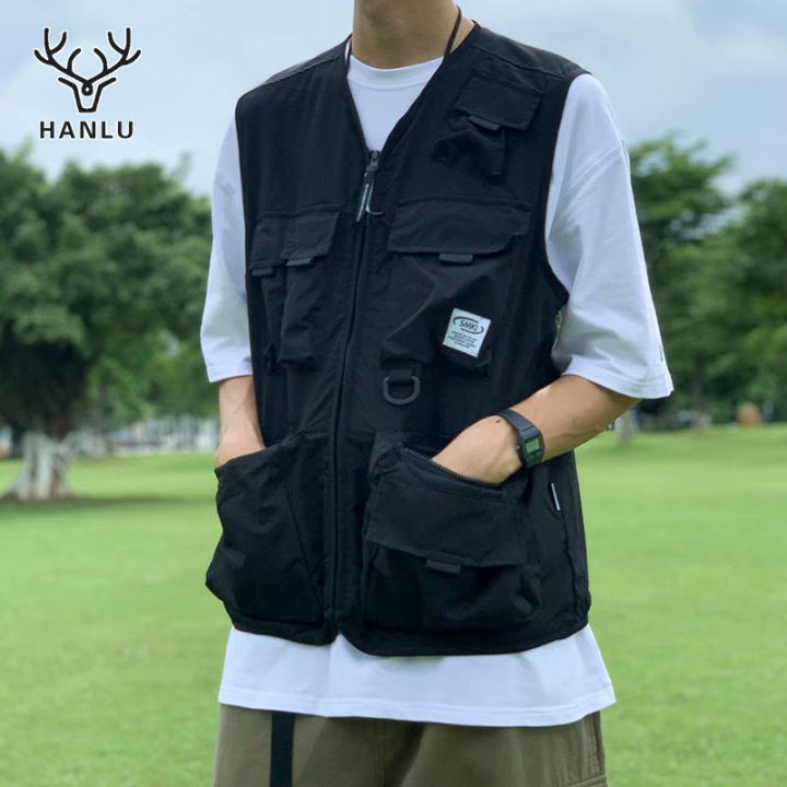 Hanlu เสื้อกั๊กผู้ชายแบบมีกระเป๋าหลายฟังก์ชั่นด้านนอกเหมือนกันหมดเสื้อ ...