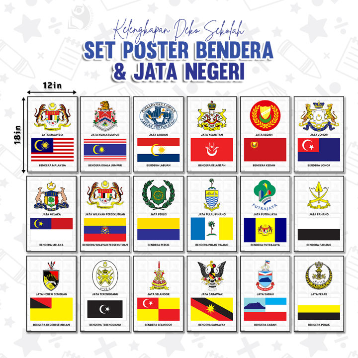 (18 pcs) SET BENDERA DAN JATA NEGERI DI MALAYSIA / PATRIOTIK / MERDEKA / KEMERDEKAAN / KELAS ...