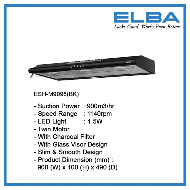 Elba Cooker Hood Twin Motors 2 Blowers esh-m7598(bk)/ESHM9098(BK) | Lazada