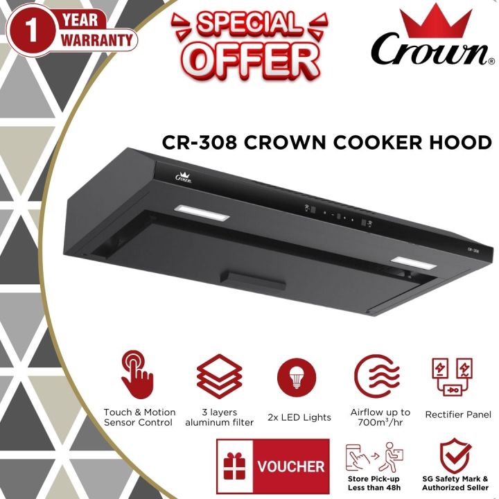 CR-308 Crown Slim Cooker Hood with Stainless Steel Suitable for HDB BTO ...