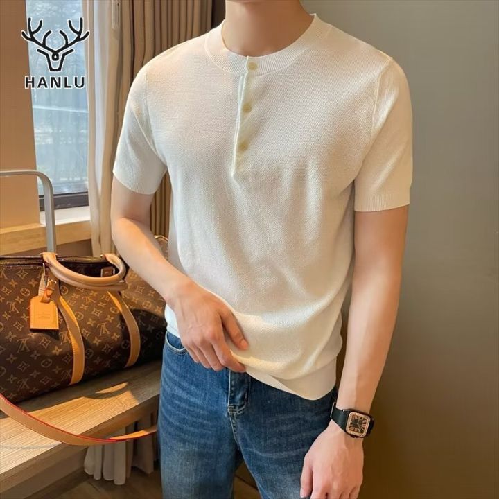 Hanlu เสื้อสวมหัวแขนสั้นสำหรับผู้ชาย,เสื้อยืดถักแฟชั่นคุณภาพสูงสีทึบ ...