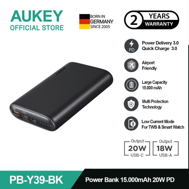 AUKEY Powerbank 15000mah USB C 20W PD 3.0 Slim PB-Y39-BK | Lazada Indonesia