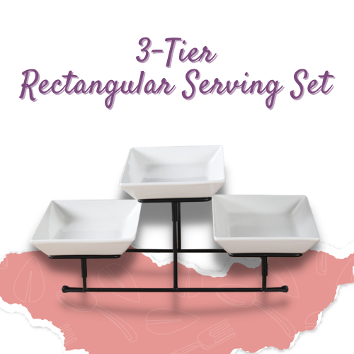 3-Tier Rectangular Ceramic Buffet Serving Set w/ Metal Wire Stand ...