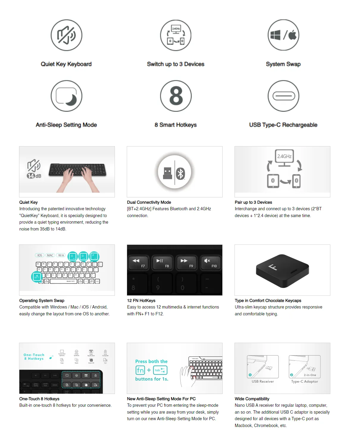 A4Tech FBK27C AS QuietKey Low-profile Keys Bluetooth 2.4GHz ...