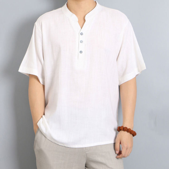 Men's Premium Chinese Collar Casual Polo for Men Cotton and Linen Plain Short Sleeve2028 | Lazada PH