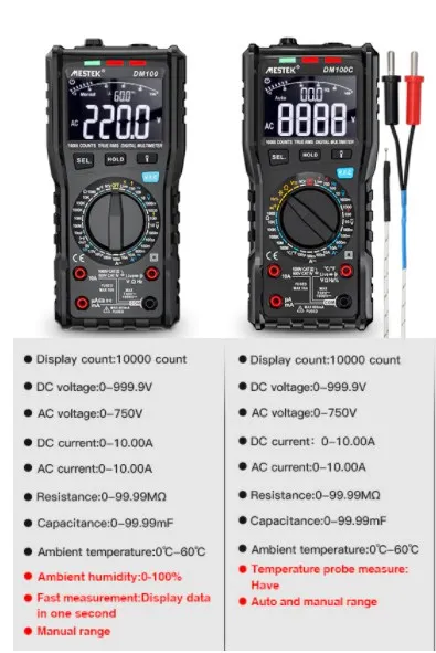 Mestek DM100 / DM100C True-RMS Digital Multimeter Button 10000 Count ...