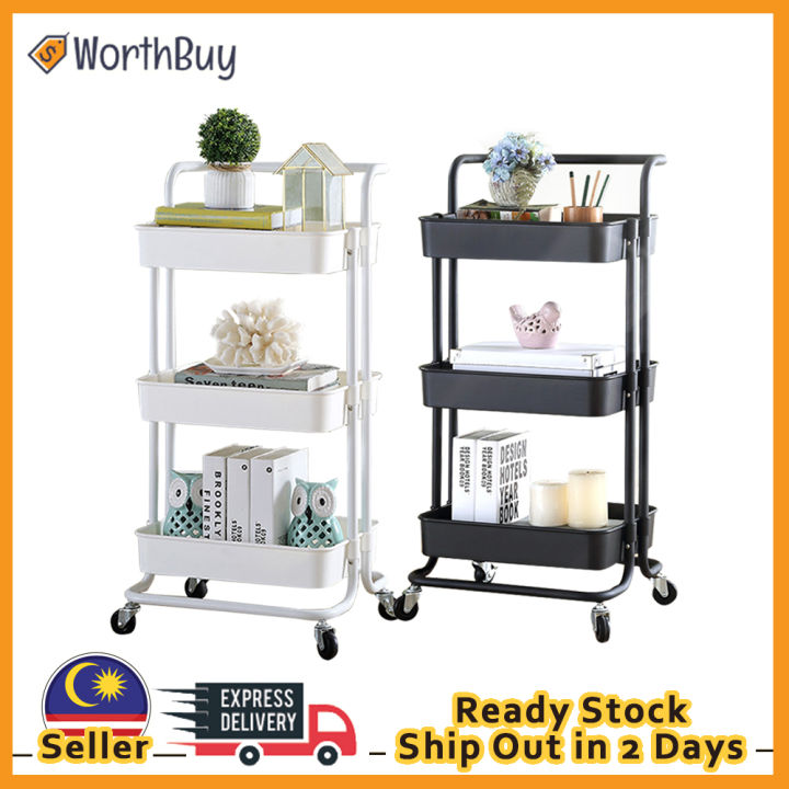 Worthbuy 3 Tier Multi-functional Plastic Tray Trolley Rack with Handle ...