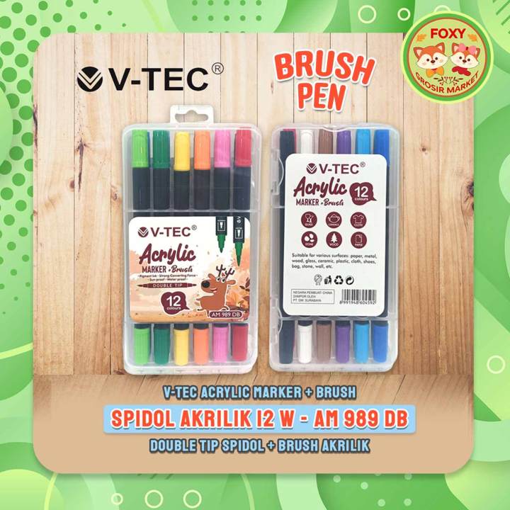 V-TEC Acrylic Marker + Brush PEN AM 989 DB / 12 Colour - Double Tip ...
