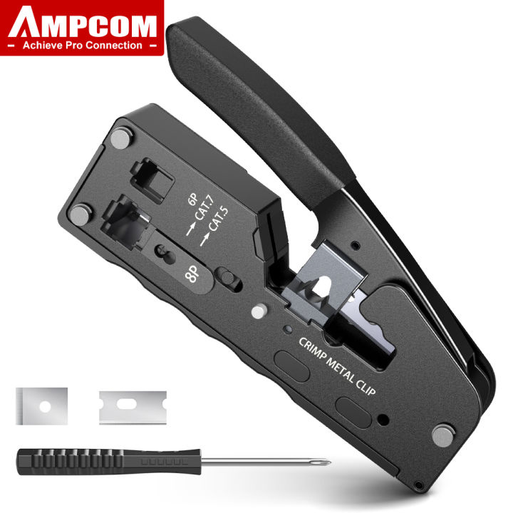 AMPCOM RJ45 Crimper CAT7 Crimping Tool For Pass Through RJ11 RJ45 ...