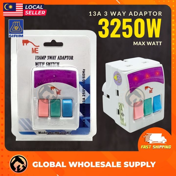 Sirim 3 Way Adaptor Switch Socket 3250w 13a Fuse Adaptor Plug Extension Socket Plug Soket Travel