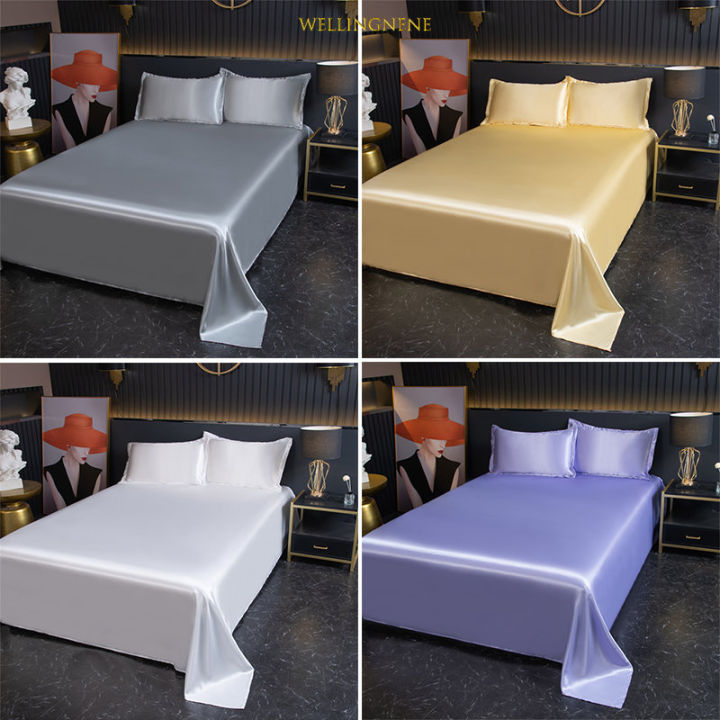 Luxury Summer Satin Ice Silk Sheet Pillowcase Bedding Solid Color Flat ...