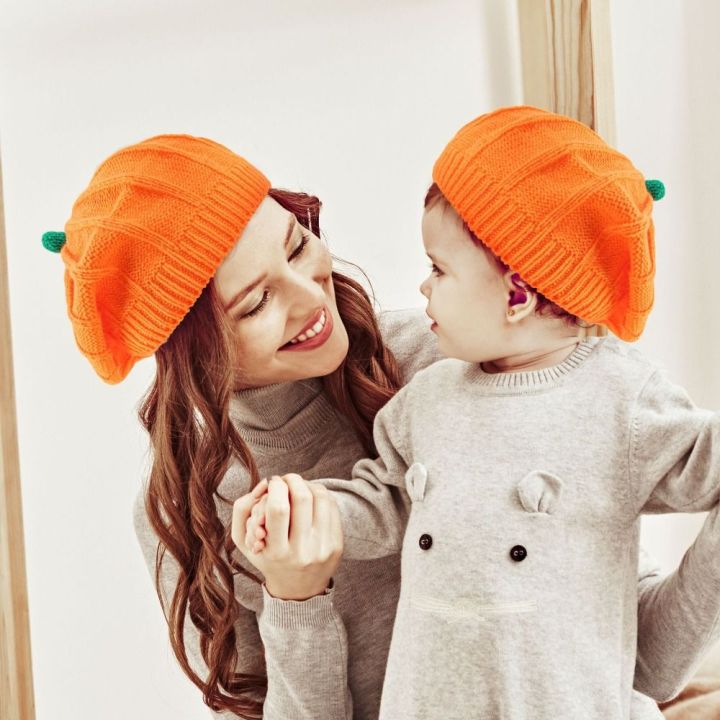 NUOR สีส้มสีส้ม หมวกเบเร่ต์ฟักทอง เก็บความอบอุ่น หมวกสำหรับจิตรกร หมวก ...