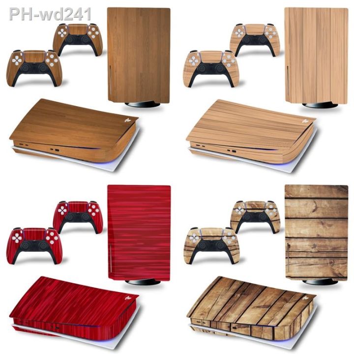 For PS5 Standard Disc Edition Console and 2 Controllers Wood Grain Skin ...