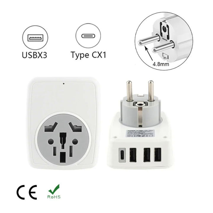 European Power Strip With 3 USB and 1 Type-C Port Travel Adapter Wall ...