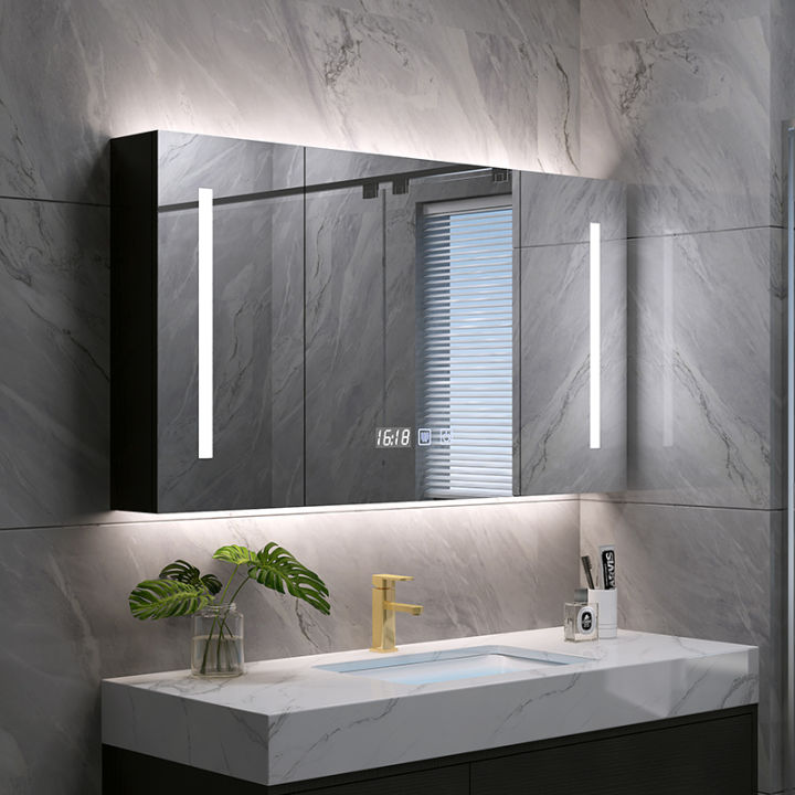 Intelligent bathroom mirror cabinet wall-mounted solid wood mirror box ...