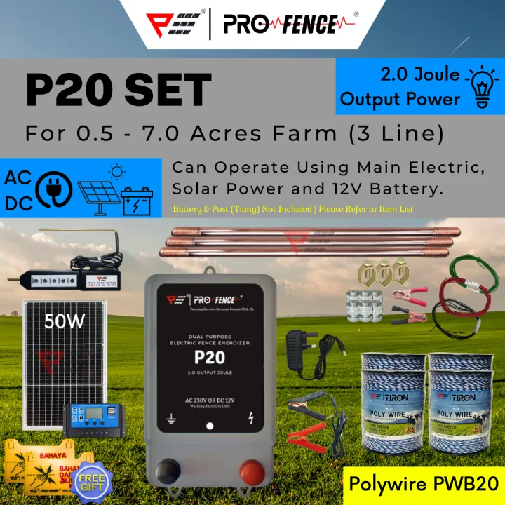 PRO FENCE P20 Energizer PWB20 Set for 0.5 - 7.0 Acres (AC/DC) Polywire ...
