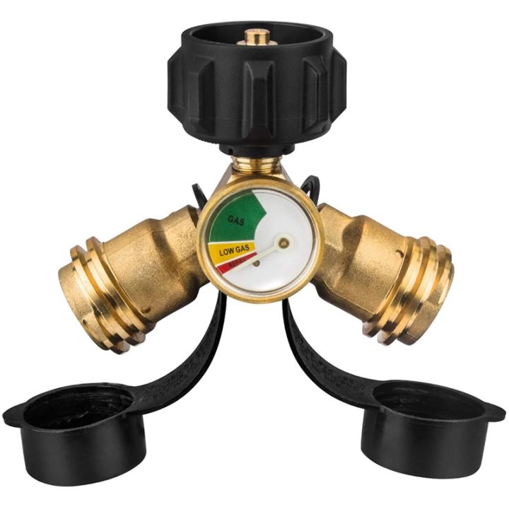 Propane Tank Adapter Splitter Y with Gauge, 2 Way LP Gas Adapter Tee ...