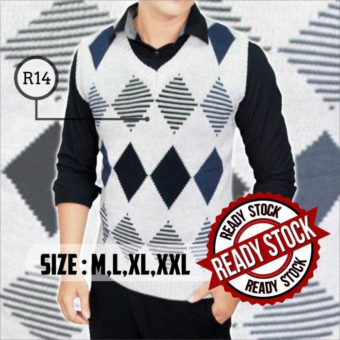 R14 - Rompi Rajut Motif Kotak Garis Biru Putih | Rompi Rajut Pria ...