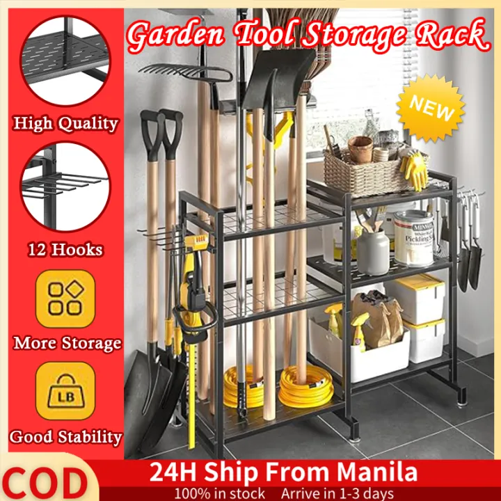 3 Tiers Garden Tool Organizer Rack With 12 Hooks Heavy Duty Metal ...