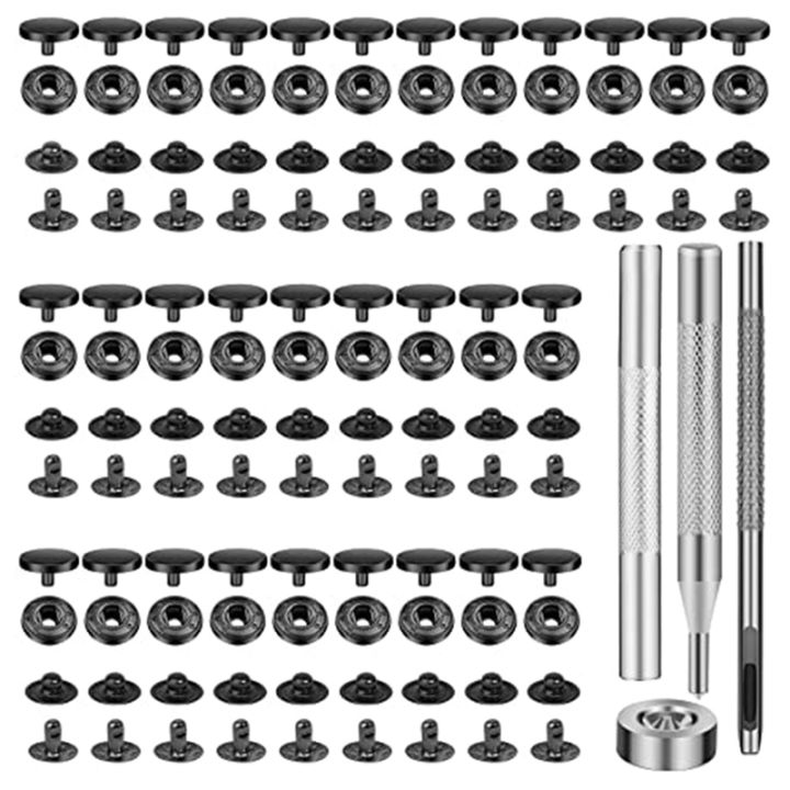 50 Sets Leather Snap Fasteners Kit Black Metal Snap Buttons Stainless ...