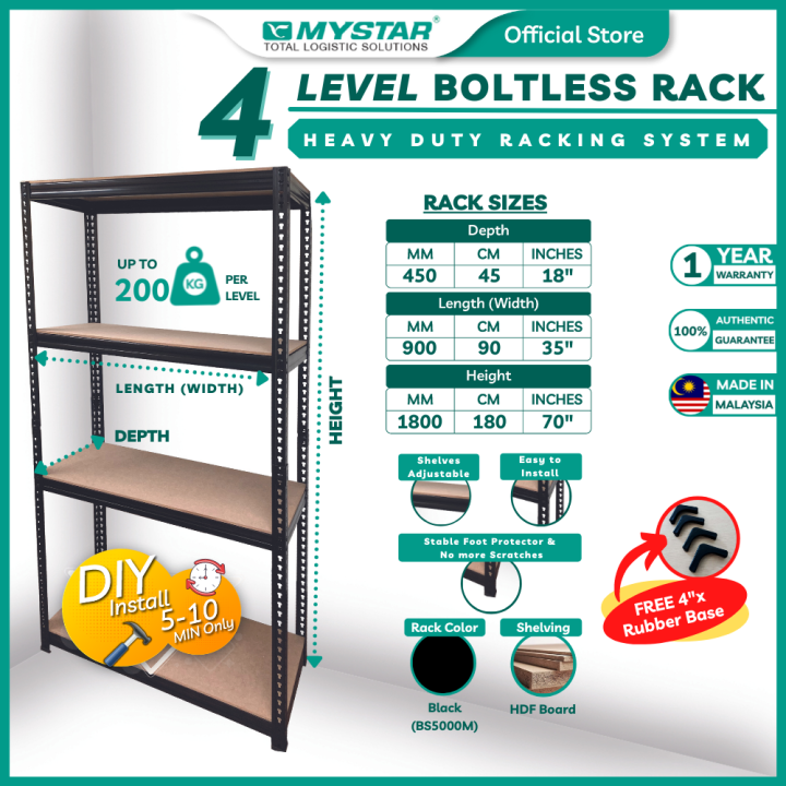 MYSTAR Boltless Shelf 45 x 90 x 180 cm BLACK Max. Loading Capacity Up ...