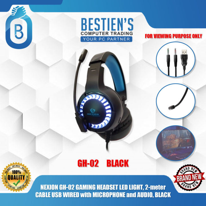 NEXION GH-02 GAMING HEADSET LED LIGHT, 2-meter CABLE USB WIRED with MICROPHONE and AUDIO, BLACK ...