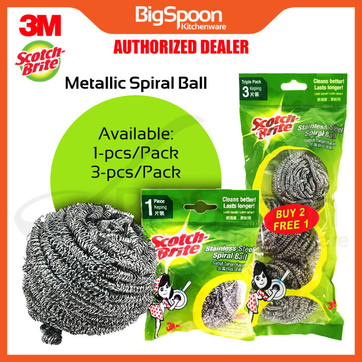 3M SCOTCH-BRITE 1/3-Pcs Pack Metallic Spiral Ball Stainless Steel ...