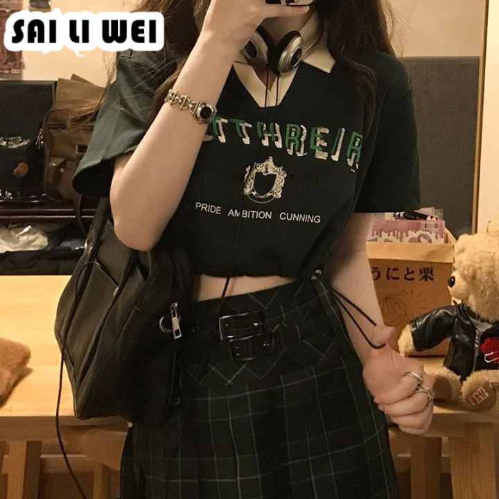 Molisa อเมริกันวินเทจโปโลคอสั้นเสื้อยืดผู้หญิงออกแบบความรู้สึกซอกฤดู ...