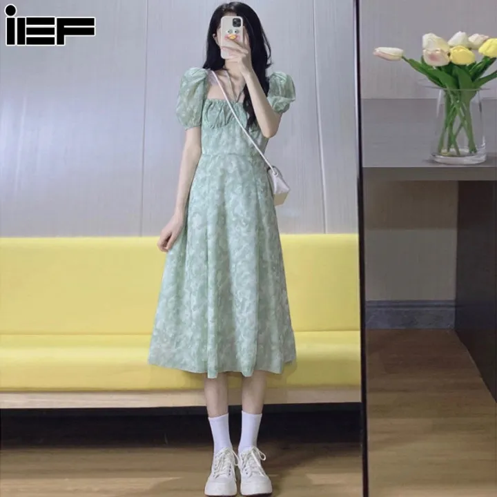 IEF Váy Thắt Eo Cổ Vuông Cổ Điển Tay Phồng Phiên Bản Hàn Quốc Mùa Hè ...