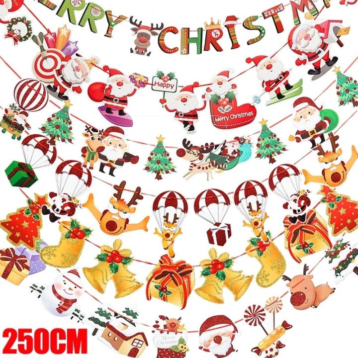 250CM Merry Christmas Paper Banner Santa Claus Snowman Elk Hanging ...