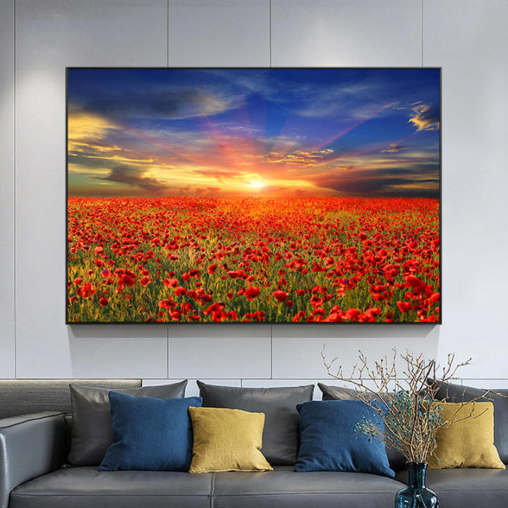 Red Poppy Flower Landscape Pictures Canvas Painting Flower Field ...