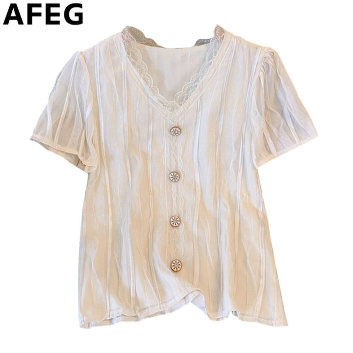 AFEG เสื้อลูกไม้แขนสั้นสำหรับผู้หญิง,เสื้อคอวีแฟชั่นฉบับภาษาเกาหลีสีทึบ ...