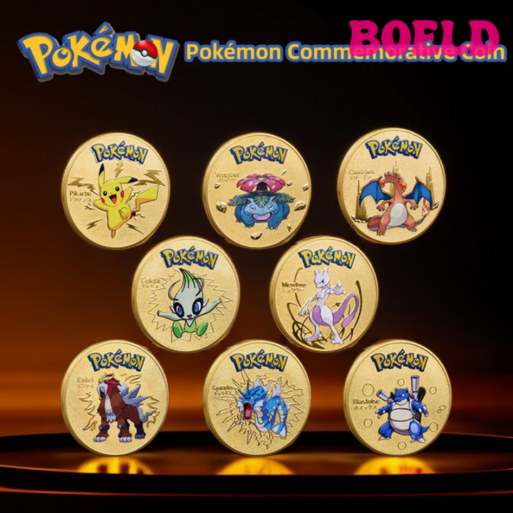 [BOELD] Gold Pokemon Coin Metal Set Mewtwo Charizard Pikachu Anime Card ...