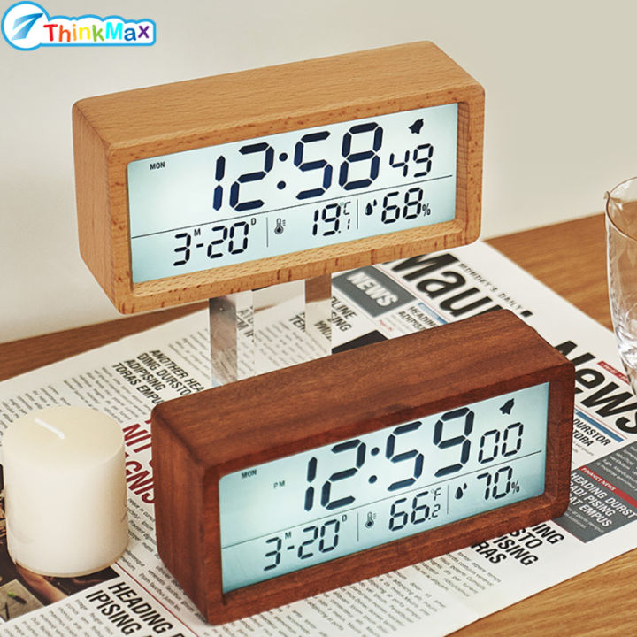 Wooden Digital Alarm Clock Time Date Temperature Humidity Measurement ...
