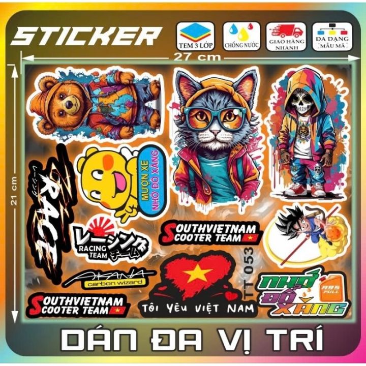 nhãn dán sticker chữ race, nhiều hình độc lạ, dán xe máy, xe điện, che ...