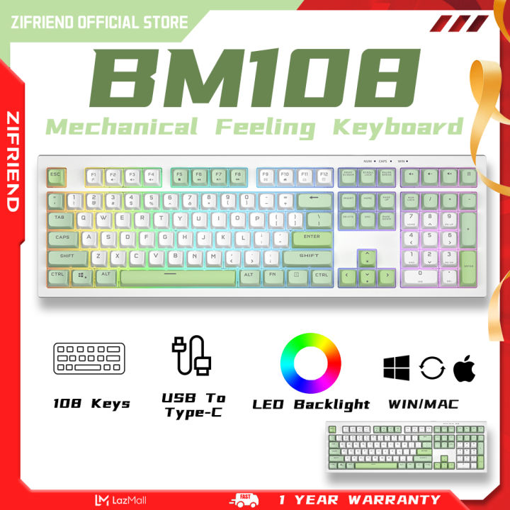 ZIFRIEND BM108 Keyboard Wired 108 Keys Mechanical Feeling Gaming ...