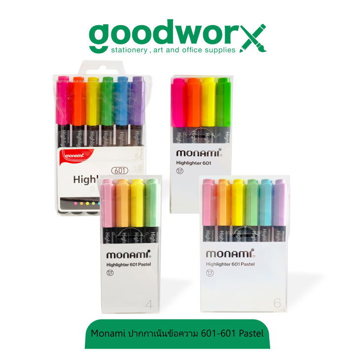 Monami (โมนามิ) ปากกาเน้นข้อความ Highlighter รุ่น 601 (แพ็ค 4 , 6 สี ...