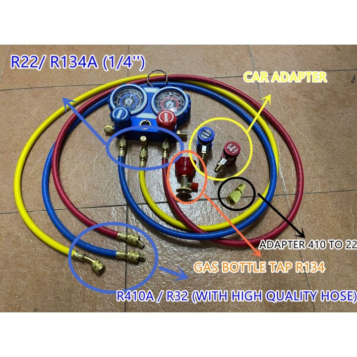 【FULL SET】 DOUBLE GAS CHARGING METER R410A R32 Meter +Hose AIRCOND ...
