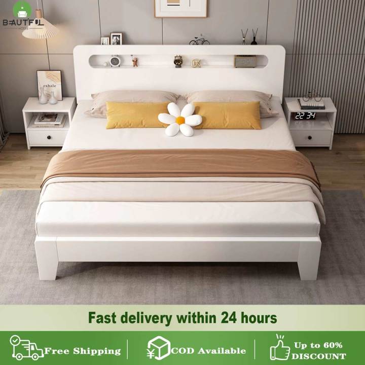 【On Hand】Queen/King Size Solid Wood Bed Frame With HeadBoard Bedroom ...