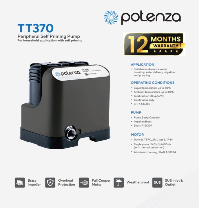 Potenza TT370W / 0.5Hp Auto Domestic Self-Priming Pump with Cover | Lazada