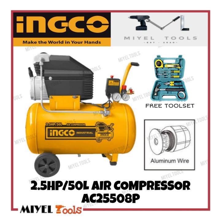 INGCO INDUSTRIAL 50L Air Compressor 2.5HP AC25508P w/ FREE TOOLSET ...