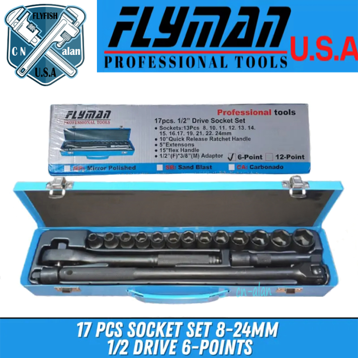 FLYman 17 Pcs 1/2" DRIVE SOCKET DRIVE SET: 6 POINTS 8-24mm | Lazada PH