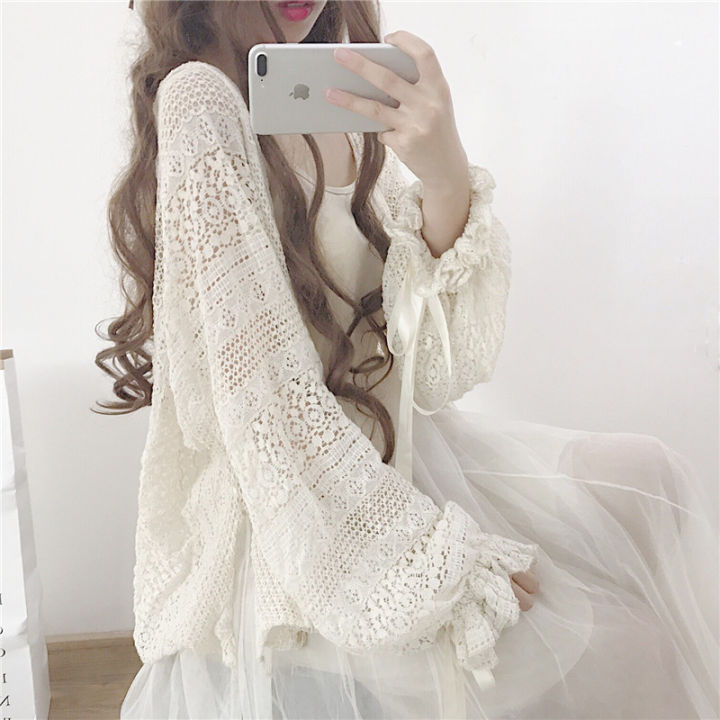 Crochet translucent lace beachwear bell sleeve blouse top sun block ...