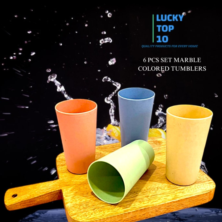 6 PCS SET MARBLE COLORED TUMBLERS/ WHEAT STRAW COLORFUL TUMBLERS ...