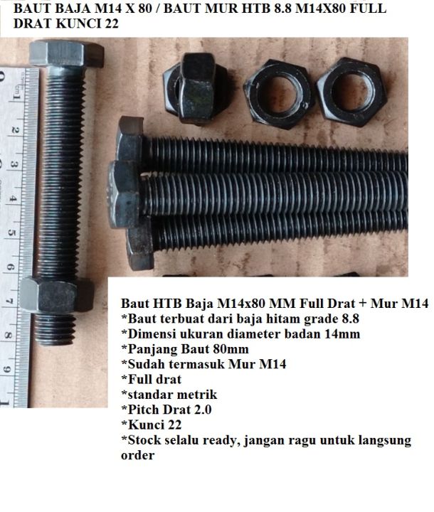 BAUT BAJA M14 X 80 / BAUT MUR HTB 8.8 M14X80 FULL DRAT KUNCI 22 | Lazada Indonesia