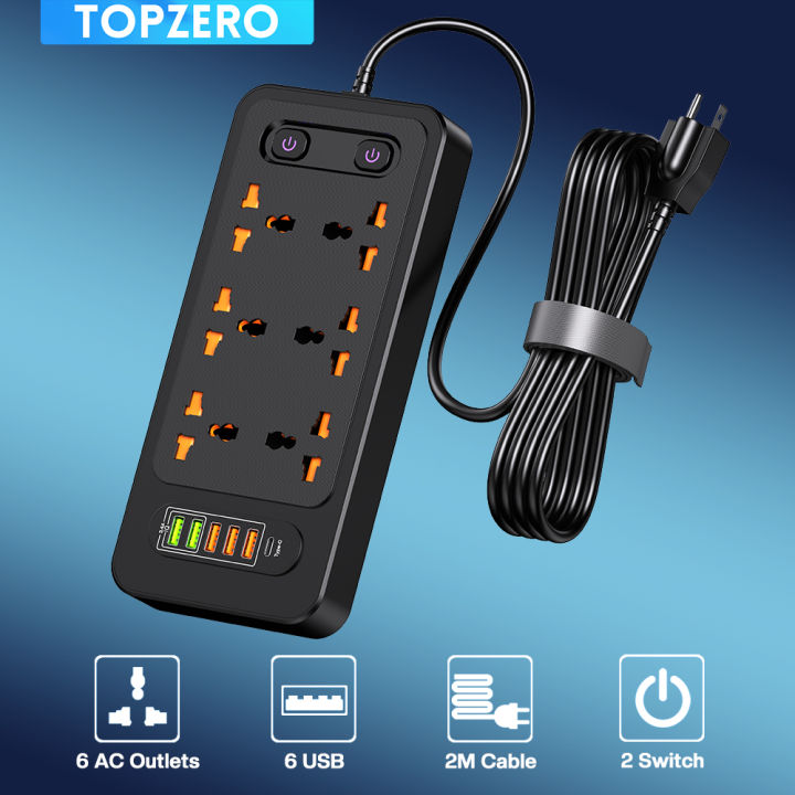 TOPZERO 2500W Universal 6 Outlet Extension Socket Surge Protector 6 USB ...