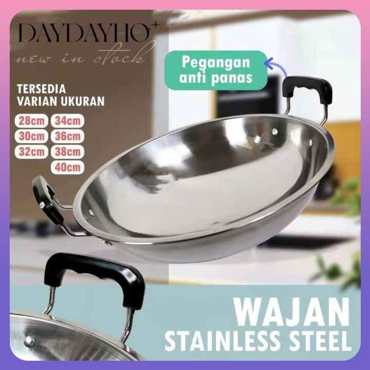 wajan stainless gagang 2 kuali stainless wajan premium tebel | Lazada ...