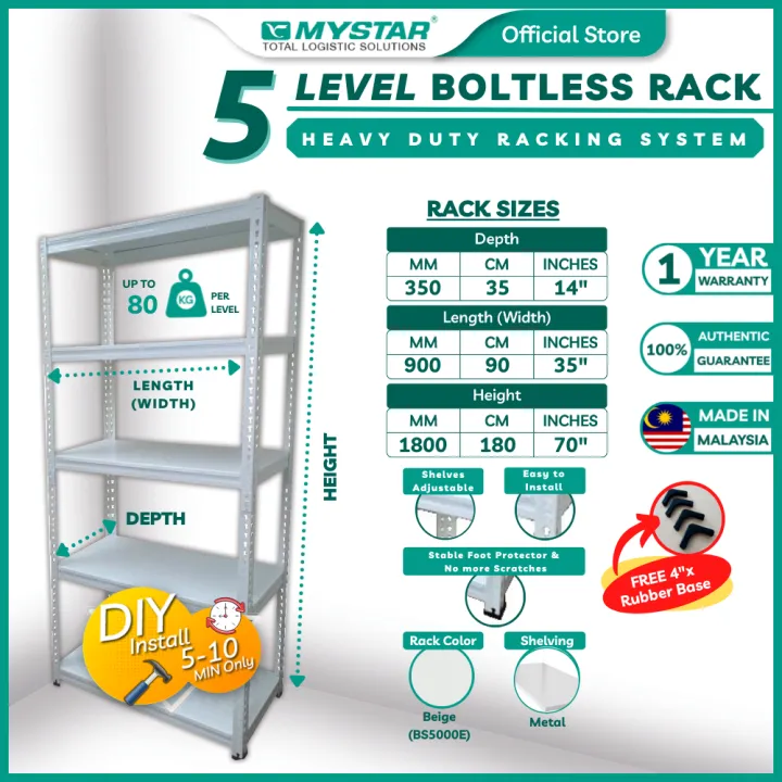 MYSTAR 5 Tier Boltless Rack W90 x D35 x H180 cm WHITE Medium Duty ...