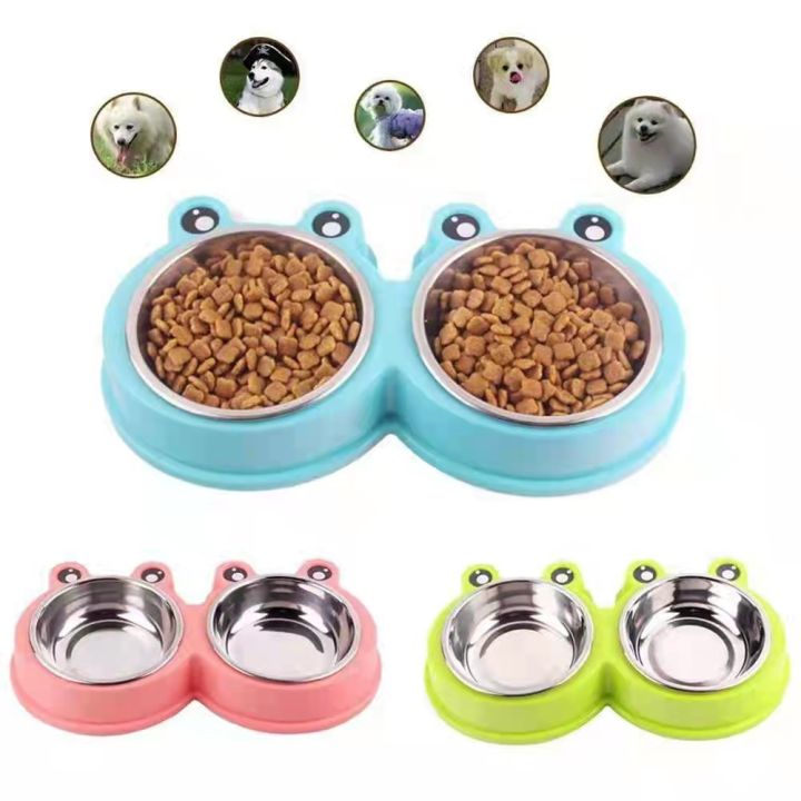 GM,Frog Design Dog Stainless Bowl 2 in 1 Double Diners Dog Cat Feeder ...