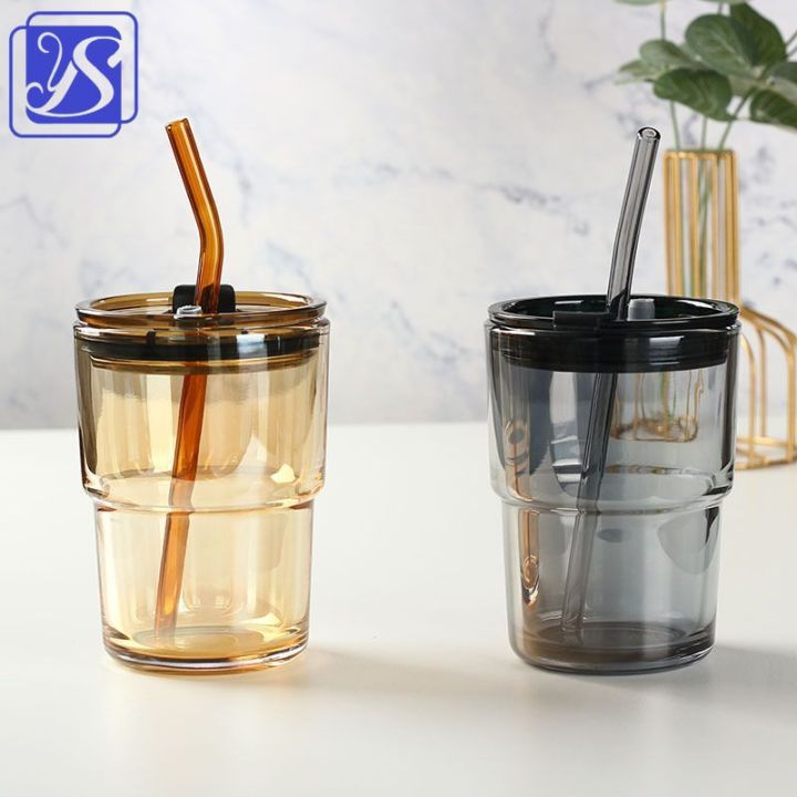Glass Water Cup With Straw and Cover Handle Leakproof Cold Brew Milk ...